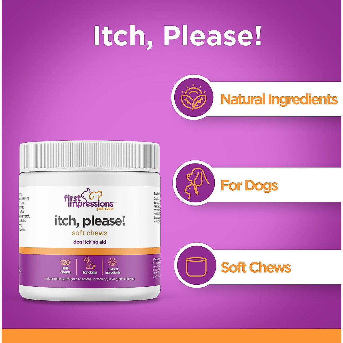 First Impressions Itch, Please! Dog Allergy Chews - Dog Allergy Relief - Stop Licking, Scratching and Chewing - Apple Cider Vinegar, Probiotics, Turmeric - Allergy Relief for Dogs Itching - 120 ct