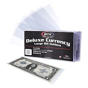 BCW Large Bill Deluxe Currency Holders - 50ct | Deluxe Archival Safe Bill Protector Sleeves | High Clarity Double-Polished Clear Vinyl | for Collectors and Numismatics | Large Currency Holders