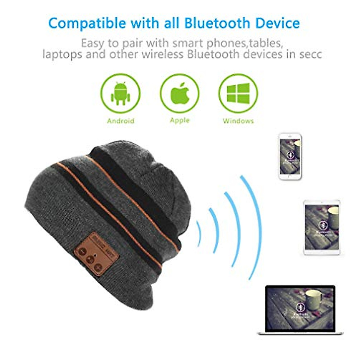 Happy-top Wireless Music Beanie Hat Winter Warm Knit Cap with Stereo Headphone Headset Speaker Mic Hands-Free for Men Women Outdoor Sports Compatible with iPhone Android Cell Phones (Black Grey)