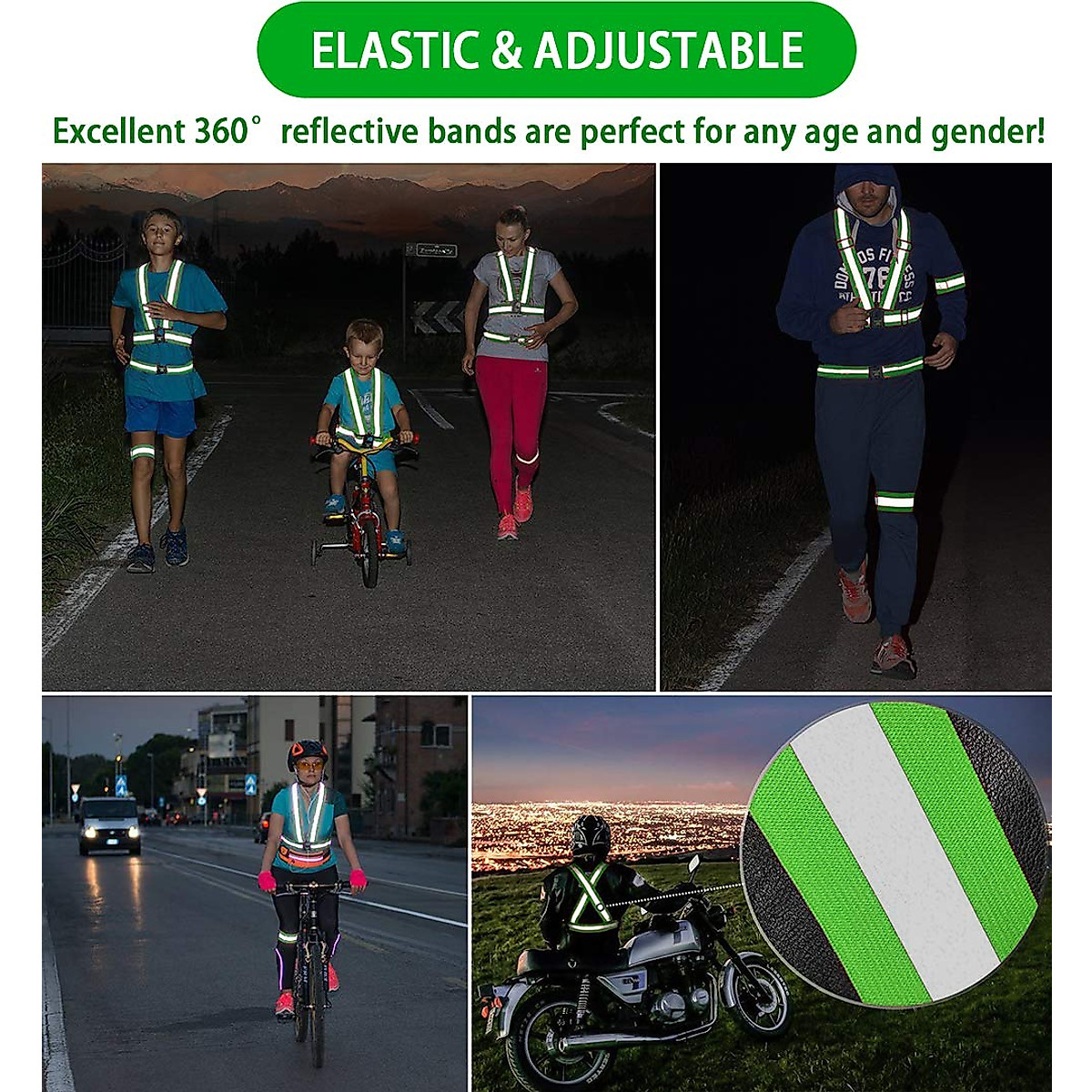 Reflective Vest, Reflective Glow Belt with 2Pack Reflector Armbands, Adjustable Elastic Safety Vest Outdoor Reflective Belt High Visibility, Ultralight & Comfy for Running, Jogging, Walking, Cycling,