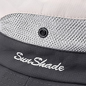 Womens Summer Sun Hat Beach Hat Wide Brim Outdoor UV Protection Hat Foldable Cool Mesh Ponytail Bucket Hat (Grey+Beige)