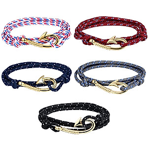 Aroncent 5pcs Fish Hook Bracelet Leather Nylon Braided Wrap Rope Bracelet for Men Wristband Anchor Bracelet Nautical Bracelets for Men Women Graduation Birthday Gift
