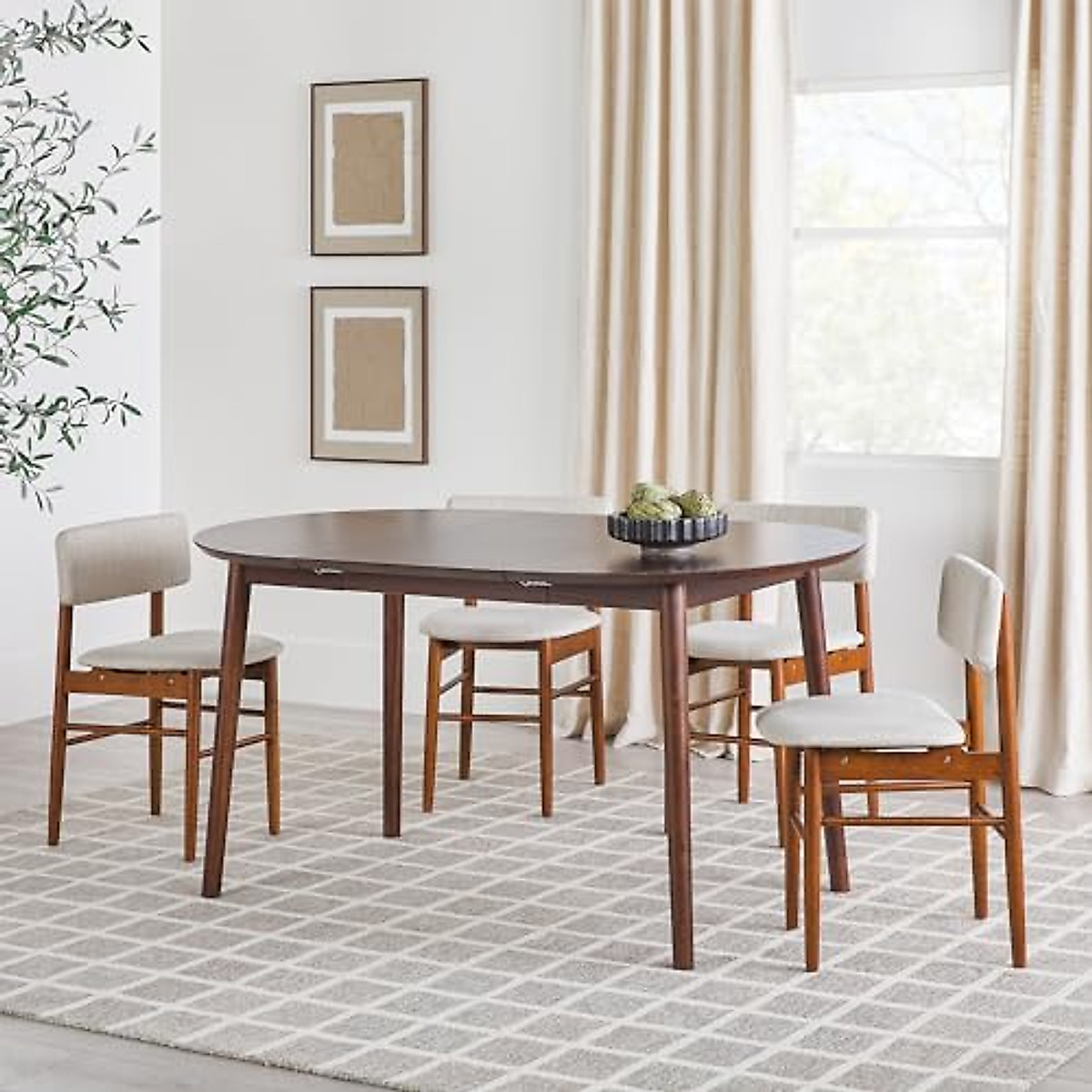 Walker Edison Mid Century Solid Wood Oval Extension Dining Table with Hairpin Legs and Removable Leaf, 60 Inch, Walnut