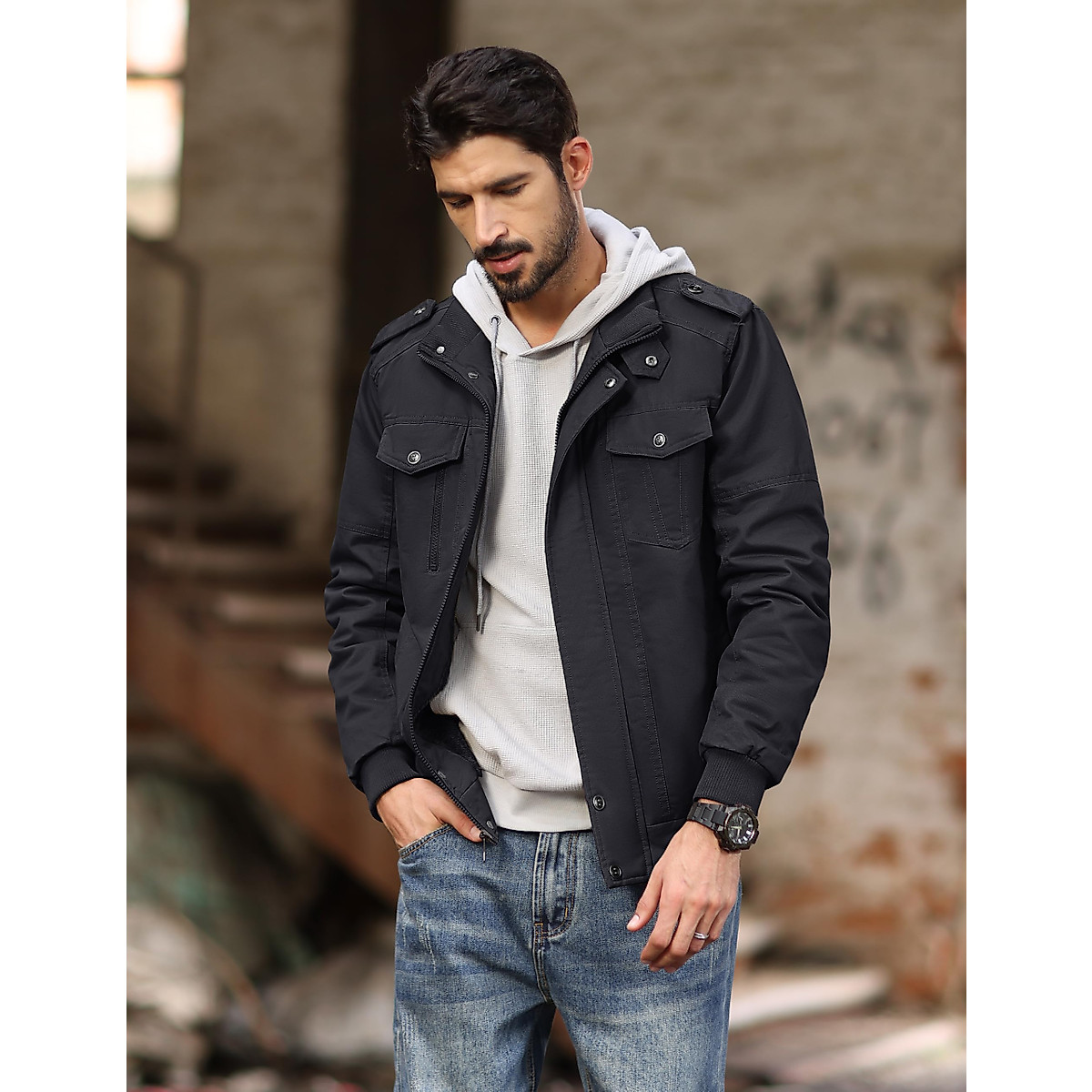 MAGCOMSEN Winter Jackets For Men Casual Warm Work Jacket Cotton Fleece Lined Trucker Jacket Canvas Black Jacket Men Security Coat Black L