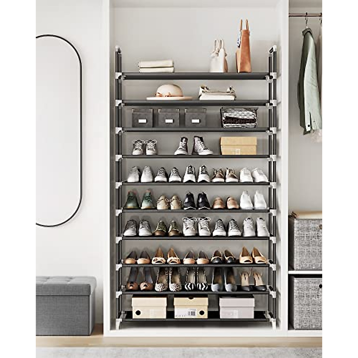 SONGMICS 10-Tier Shoe Rack, Storage Storage Organizer, Holds up to 50 Pairs, Metal Frame, Non-Woven Fabric, for Living Room, Hallway, 39.4 x 11 x 68.9 Inches, Black ULSH11H