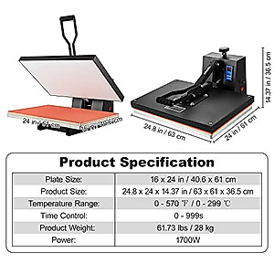 VEVOR Heat Press Machine, 16x24in / 40x61cm, Clamshell Sublimation Transfer Printer Teflon Coated, Digital Precise Heat Control, Silicone Sponge Powerpress for T-Shirt Bag Pad Pillow