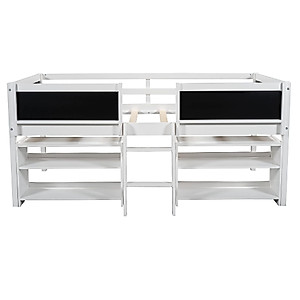 Harper & Bright Designs Kids Low Loft Bed with 2 Movable Storage Shelves, Twin Loft Bed Frame with Chalkboard and Ladder, Multifunctional Loft Bed for Kids Boys&Girls No Box Spring Needed (White)