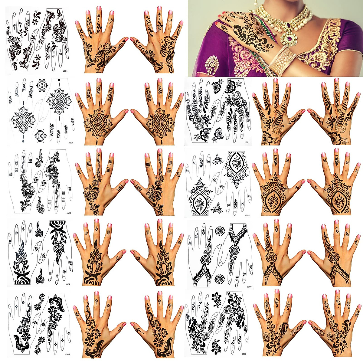 9 Sheets Henna tattoo stickers Kit , Indian Waterproof temporary hand tattoo stickers, Lasting for Beach, Festivals, & Parties
