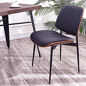 LUNLING Dining Chairs Set of 2 Mid Century Modern Retro Faux Leather Chair with Walnut Bentwood Upholstered Seat Metal Legs Adjustable Foot for Kitchen Dining Room Chairs(Black)