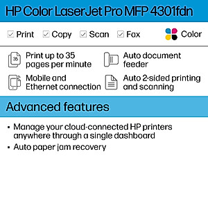 HP Color LaserJet Pro MFP 4301fdn Printer, Print, scan, copy, fax, Fast speeds, Easy setup, Mobile printing, Advanced security, Best-for-small teams, 16.6 x 17.1 x 15.1 in,white
