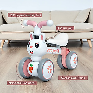 YGJT Baby Balance Bike Toys for 1 Year Old Girls, First Birthday Gifts for 10-36 Months Toddlers Bike, Non-Pedal 4 Silent Wheels Riding Toys, Kids Pre-School First Bike Rabbit