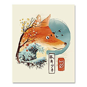 Japanese Fox Art Print - Traditional Ukiyo-e Wall Art 18 x 24 Unframed Cherry Blossom Ocean Waves Spiritual Home Decor Japanese Artwork Whimsical Animal Print Calming Wall Hanging