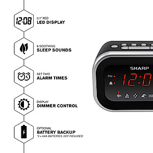 SHARP Dual Alarm Clock with Sound Machine with 6 Relaxing Sounds: White Noise, Campfire, Rain, Ocean, Brook, Thunderstorm, Easy to Use, Red LED Display