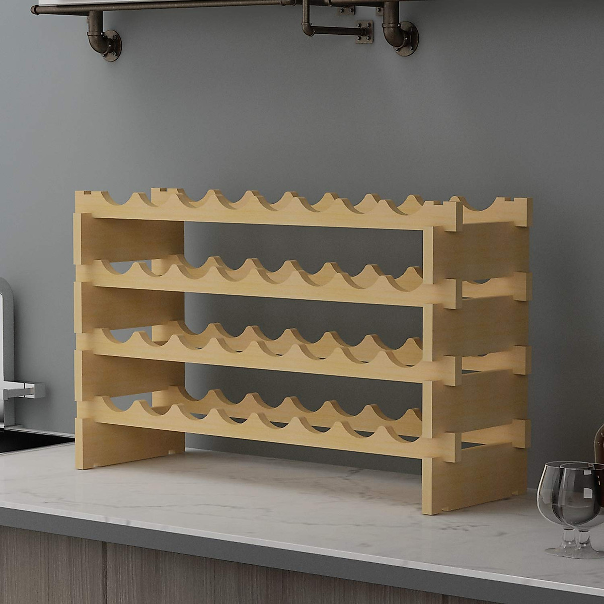 soges Wine Rack 32 Bottle Stackable Wine Storage Wood Wine Display Racks Free Standing Wine Shelf, BY-WS4832M