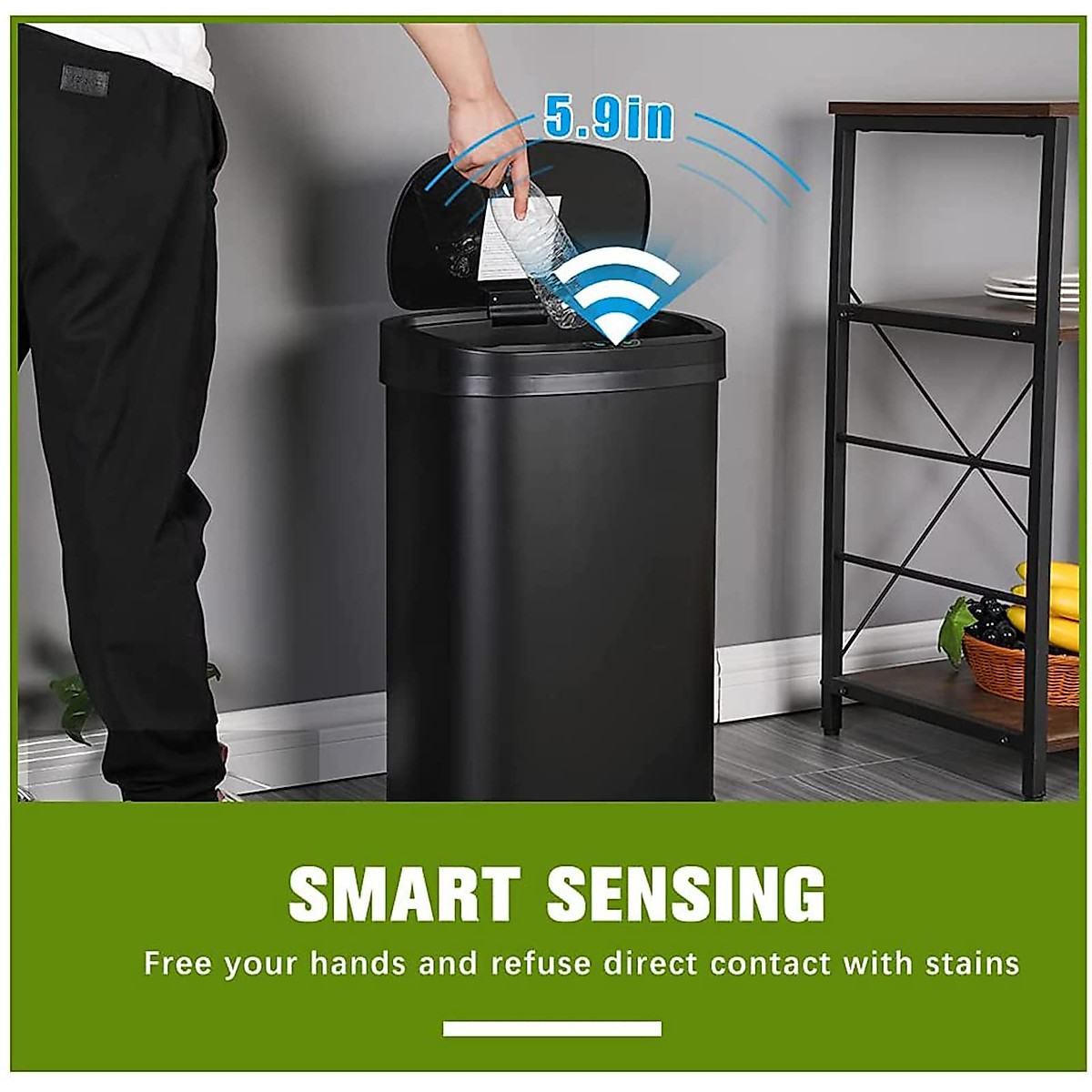 Hkeli Kitchen Trash Can 13 Gallon Brushed Stainless Steel Garbage Can Capacity 50 Liter Automatic Touchless Bathroom Waste Bin with Lid for Home Office (Black)