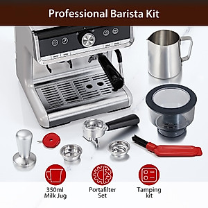 Espresso Machine with Grinder - 20 Bar Pressure, Brushed Stainless Steel, Espresso Coffee Maker with Milk Frother, for Home Barista, Commercial Cappuccino Machines Use, Ideal for Work, Breakfast