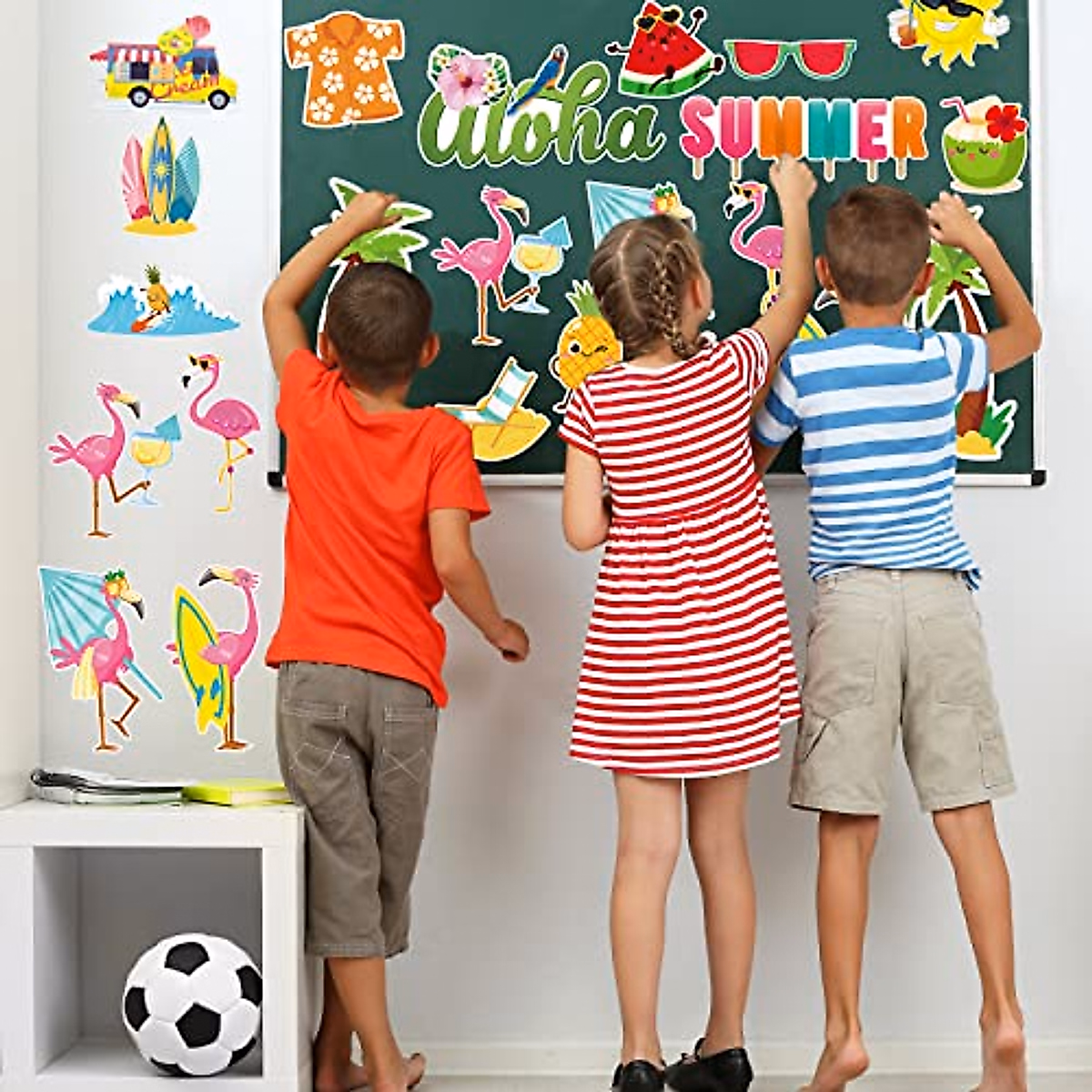 ADXCO 72 Pieces Summer Bulletin Board Decorations Tropical Cutouts Paper Flamingo Pineapple Cutouts Hawaiian School Bulletin Board Set for Classroom Party Supplies