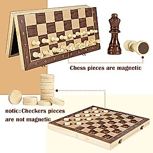 ropoda Magnetic Chess Set, 15" Folding Wooden Chess Board with Foam Storage Slots, Unique Chess Set for Kids and Adults, Portable and Foldable Wooden Board Game & Checkers Game, Including Extra Queens