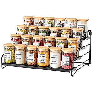 RCHYFEED Spice Rack Organizer for Cabinet Pantry,4 Tier Countertop Spice Rack,Step Spice Organization Easy Visibility,Tierd Depth Expandable Seasoning Shelf for Cabinet Organizer (Black, 1Pack)