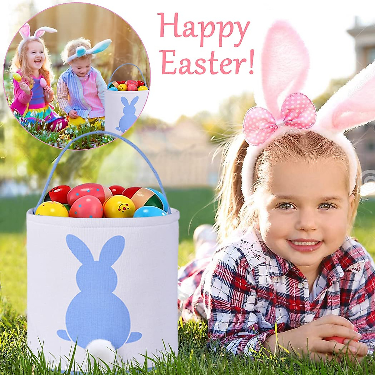 Faylapa 3pcs Easter Bunny Basket Bags Bunny Canvas Tote - Party's Celebrate Decoration Eggs Candy and Gifts Carry Bucket-Pink+Blue+Green