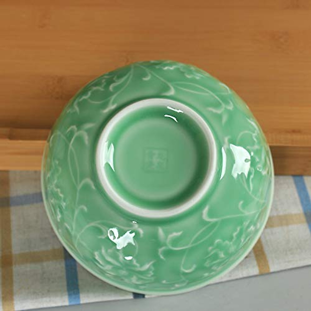 Rice Bowl 6 inches Chinese Celadon 17oz Dinnerware Embossed with Begonia Porcelain Cereal Bowls (6 Inch)