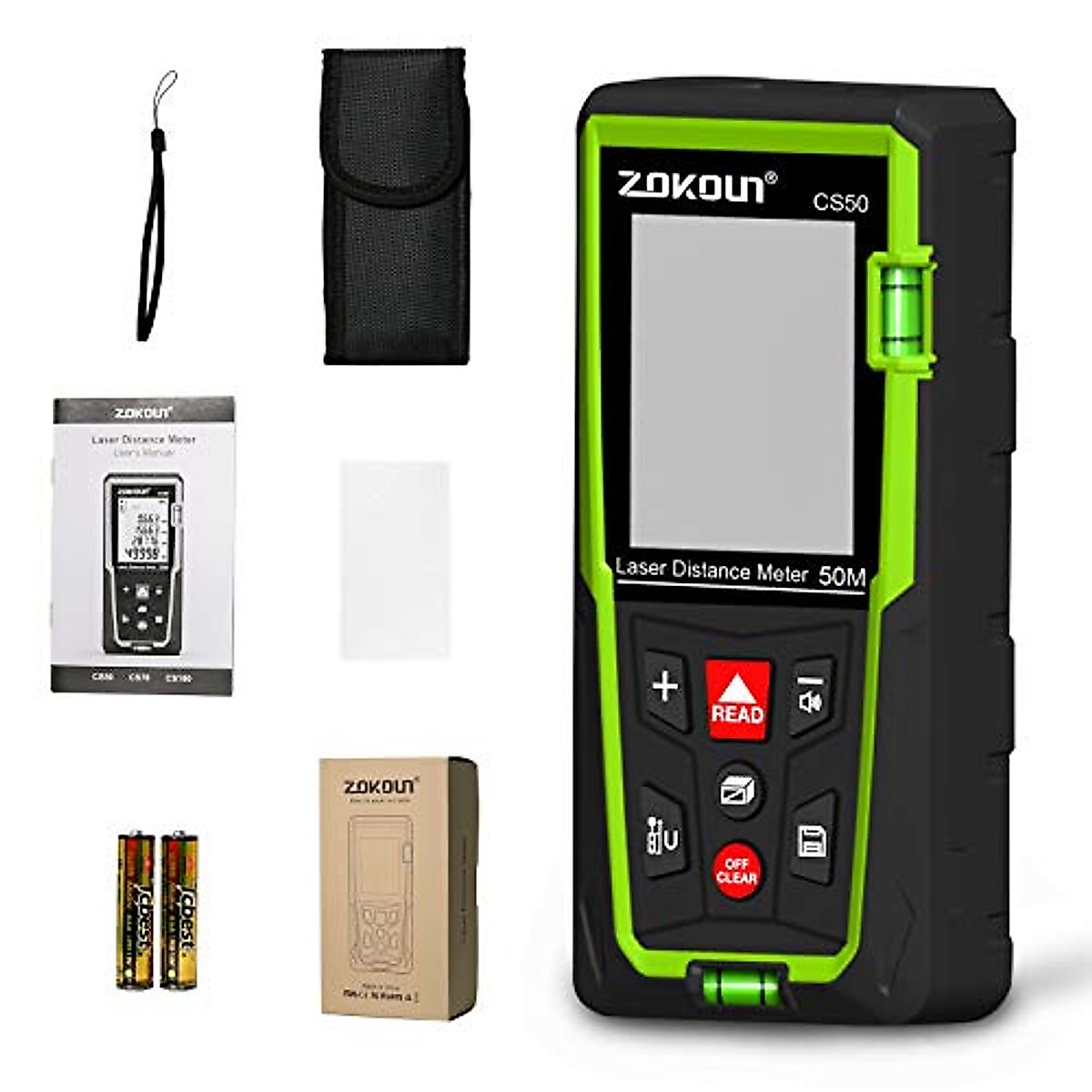 Zokoun Laser Distance Measure 165Ft, Backlit LCD, M/in/Ft with High Accuracy Pythagorean Mode, Measure Distance, Area and Volume, Record Storage 99 Data and Include 2 AAA Battery (CS50)