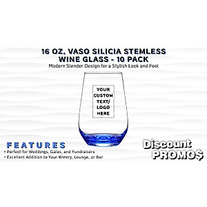 DISCOUNT PROMOS 10 Vaso Silicia Stemless Wine Glasses Set, 16 oz. - Personalized Text, Logo - Clear, Orb-Like, Thick base - Blue