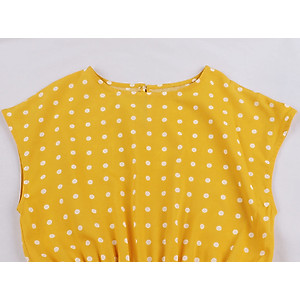 Wellwits Women's Cap Sleeves Pleated 40s 50s Vintage Dress Yellow Polka Dots L