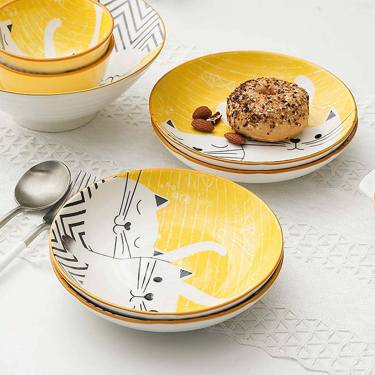 GagalU Porcelain Plate and Bowl Set,Creative Home Dinnerware Set 20 Piece of Cute Hand-Painted Cat Dinner Plate Sets Ceramic Plates and Bowls Sets, Service for 6 Dinnerware Set