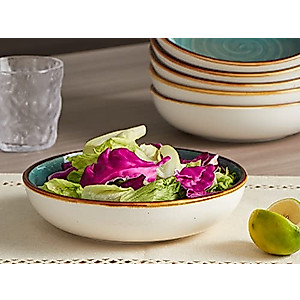 ONEMORE Porcelain Salad Pasta Bowls 30 Ounce, Set of 6 Ceramic Salad Dinner plates Bowls, Shallow & Wide Serving Bowls for Soup, Dessert, Pizza. Microwave & Dishwasher Safe Kitchen Dinnerware, Teal