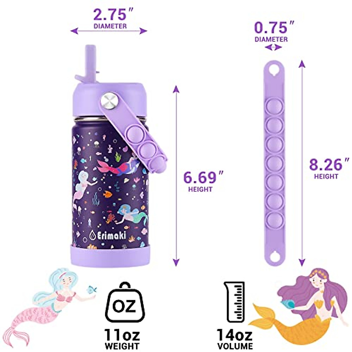 Erimaki 14 Oz Kids Mermaid Purple Water Bottle With Straw Lid And Fidget Handle, Double Walled Vacuum Insulated Tumbler, Cute Stainless Steel Metal Bottles Gift For Girl Child Sport School Travel Bulk