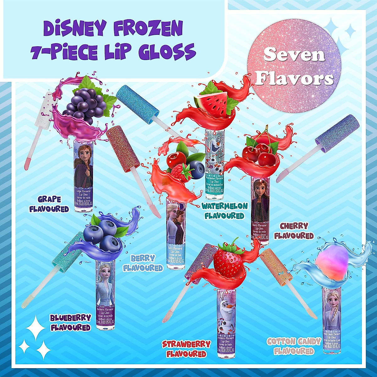 Townley Girl Disney Frozen Plant Based Vegan 7 PC Flavored Lip Gloss Set For Girls – Ideal for Sleepovers, Makeovers, Party Favors and Birthday Gifts! - Age: 3+