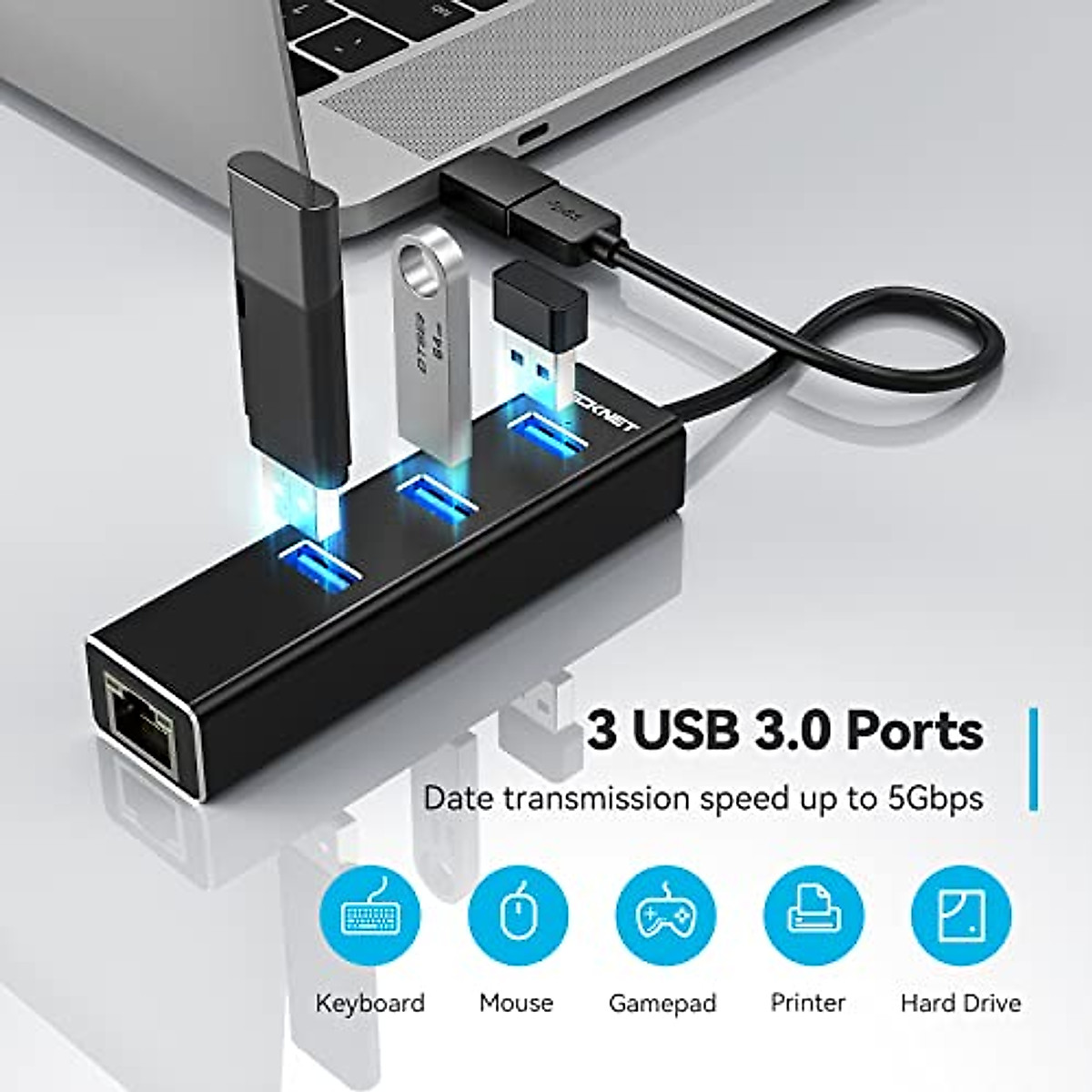 TECKNET USB to Ethernet Adapter, USB C to Ethernet, Aluminum 3 Port USB 3.0 Hub with RJ45 10/100/1000 Gigabit Ethernet Adapter Converter LAN Wired, USB Network Adapter with USB C Adapter for Laptop