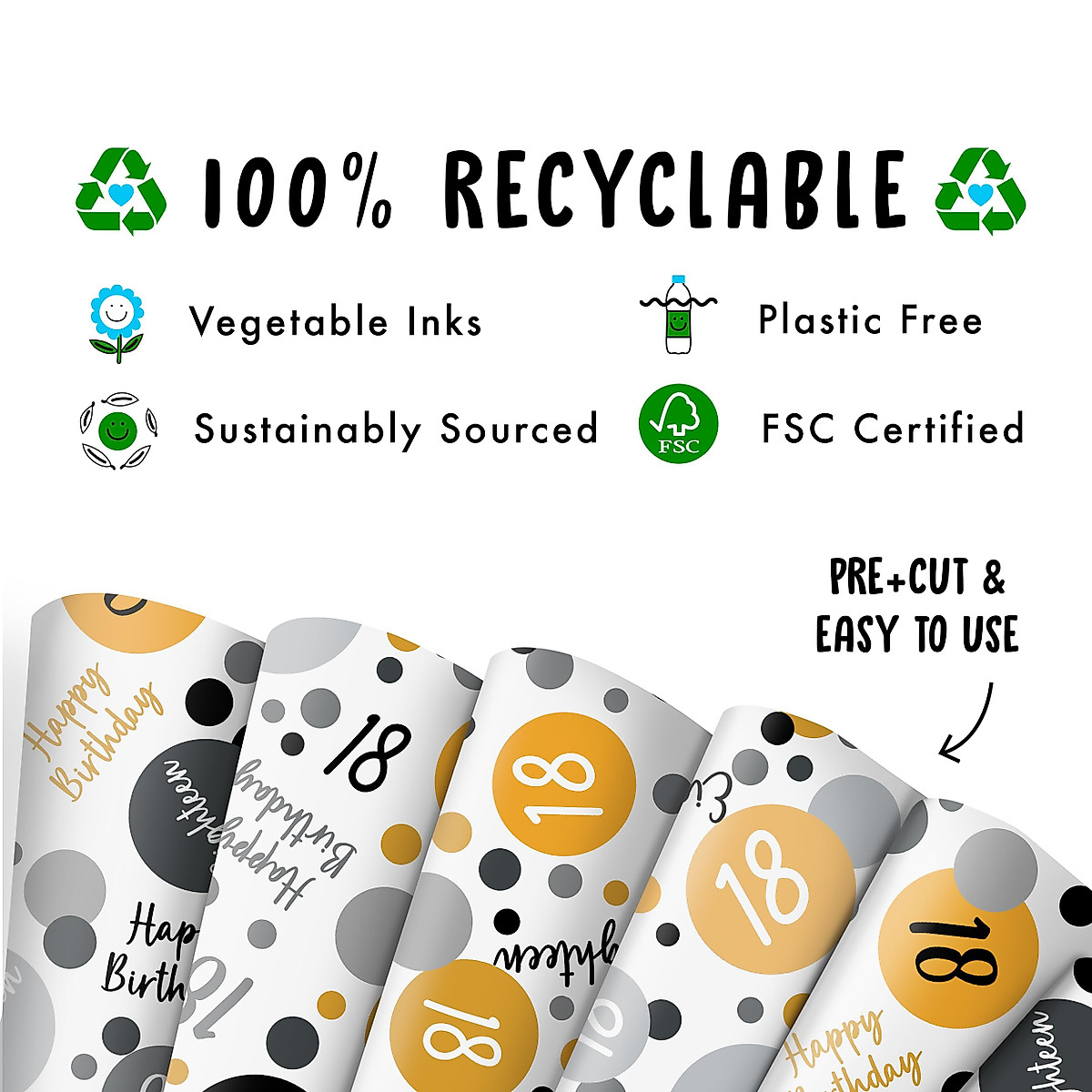 CENTRAL 23 Girls Wrapping Paper - 6 Sheets of Gift Wrap - 18th Birthday Wrapping Paper for Men Women - Black Gold - Dots - Age 18 - For Friends - Comes with Fun Stickers