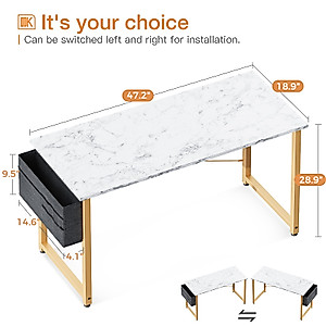 ODK Computer Desk Large Office Desk, 48 Inch Writing Desk with Storage, Modern PC Desk Work Table with Headphone Hook for Home Office, White Marble + Gold Leg