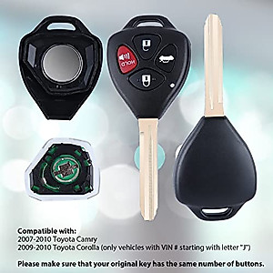 Car Remote Key Fob Replacement fits for Toyota Camry 2007-2010/ Corolla 2009-2010 Vehicles That Use HYQ12BBY with 4D67 Chip (1 PCS)
