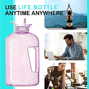 Life Bottle 1 Gallon Water Bottle with Straw Lid and Chug Lid, Leakproof Water Jug. Big Water Bottle with Time Marker, No Quotes. 128 oz with Handle and Straw, BPA Free