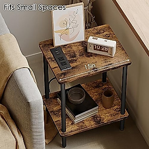 Fixwal 2-Tier Nightstand with Charging Station, End Table Set of 2, Side Table with USB Ports and Power Outlets, Side Table for Living Room, Bedroom, Rustic Brown and Black