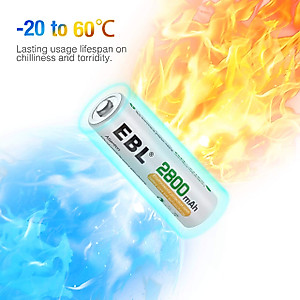 EBL AA Rechargeable Batteries,1.2V NiMH Double A Battery 2800mAh High Capacity Pre-Charged Long Lasting - 4 Pack