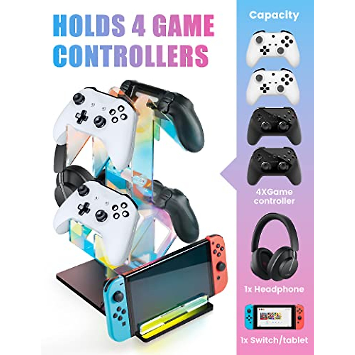NiHome Iridescent Acrylic 2-Tier Universal Game Controller Headset Holder Rack, Modern Storage Organizer for PS5 Xbox ONE Switch Game Controllers and Headphones Anti-Slip Stable Gaming Accessory Stand