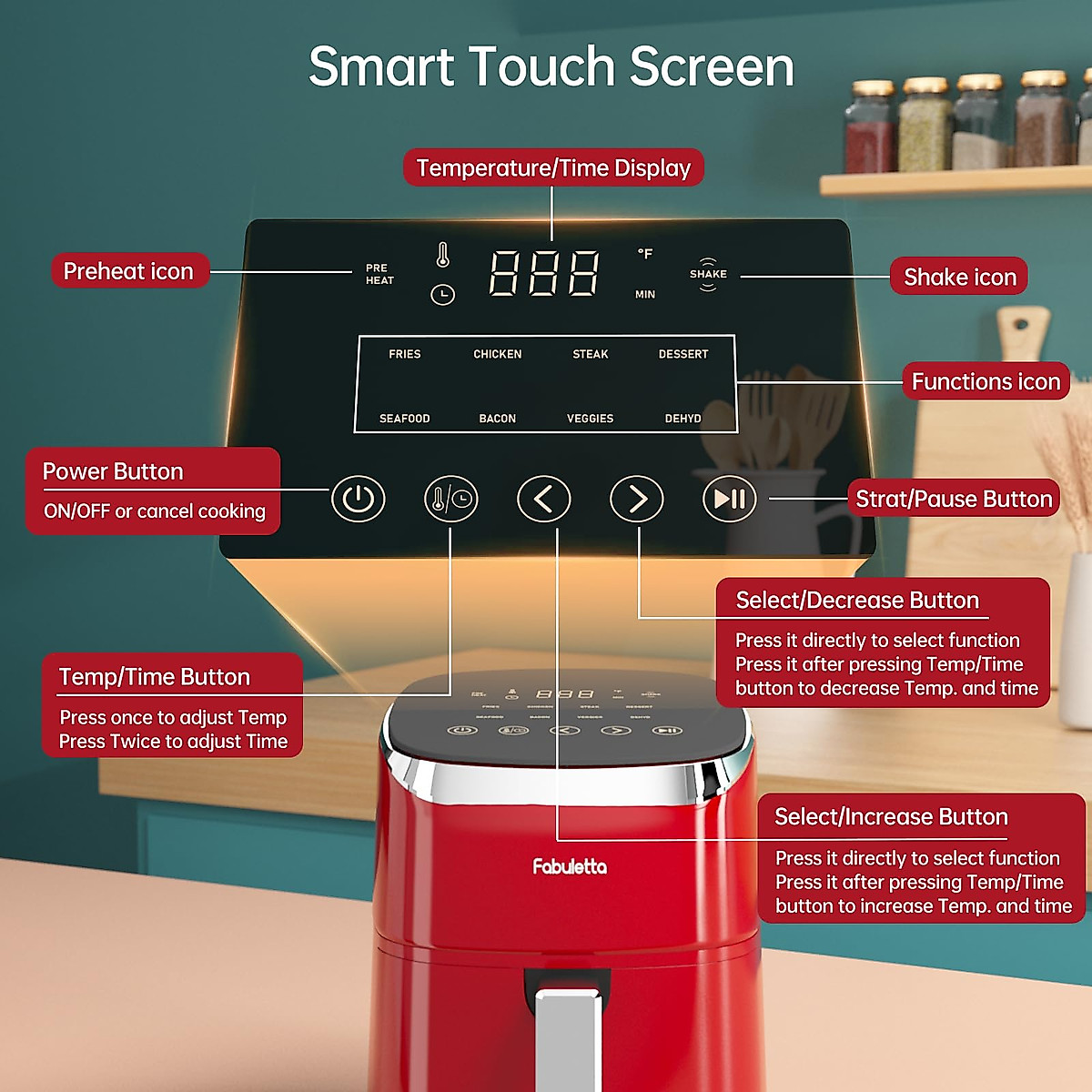 Air Fryers 4 Qt, Fabuletta 9 Cooking Functions Smart Air Fryers, Shake Reminder, Powerful 1550W Electric Hot Air Fryer,Tempered Glass Display, Dishwasher-Safe & Nonstick, Quiet, Fit for 2-4 People