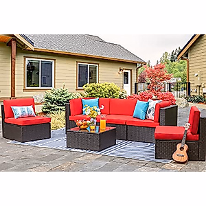 Vongrasig 6 Piece Small Patio Furniture Sets, Outdoor Sectional Sofa All Weather PE Wicker Patio Sofa Couch Garden Backyard Conversation Set with Glass Table,Red Cushions and Blue Pillows (Red)