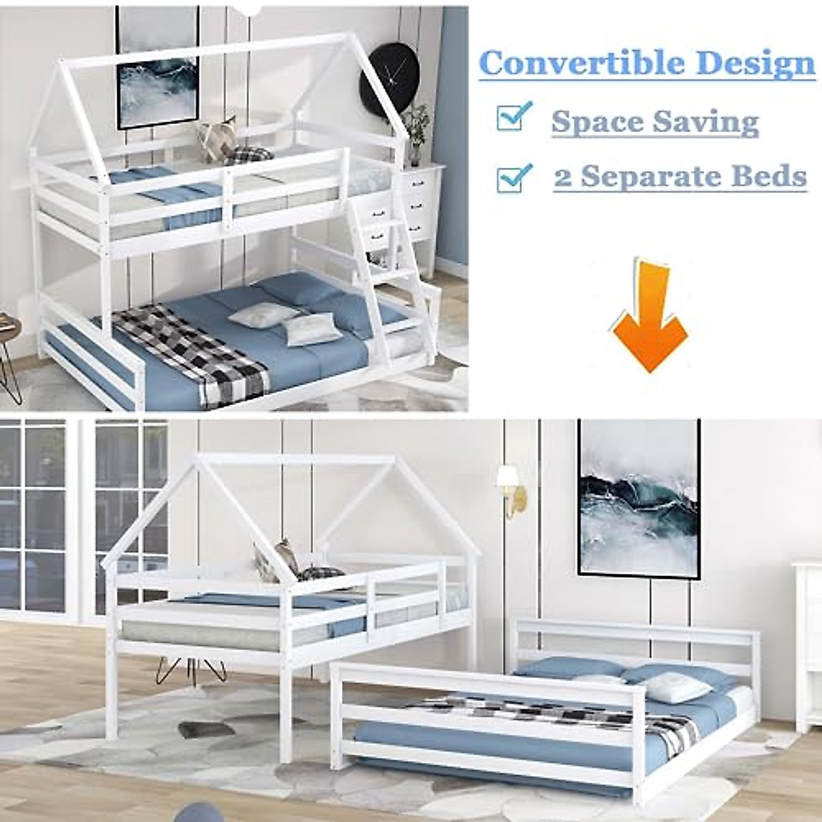 OTRIEK Bunk Bed Twin Over Full, House Bunk Bed with Full-Length Guardrail & Built-in Ladder for Boys Girls Bedroom, House Bed Design/No Box Spring Needed, Can Be Divided into 2 Separate Beds (White)