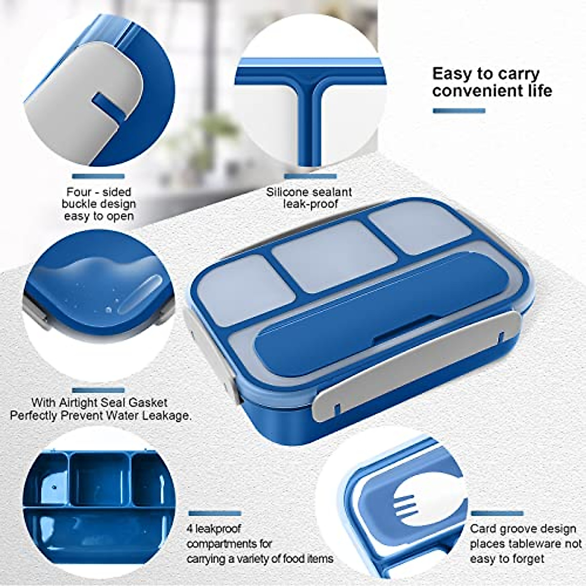 Amathley Adult Lunch Containers for Adults/Kids/Toddler,1300ML-4 Compartment Bento Box,Microwave & Dishwasher & Freezer Safe,BPA Fre (Blue)