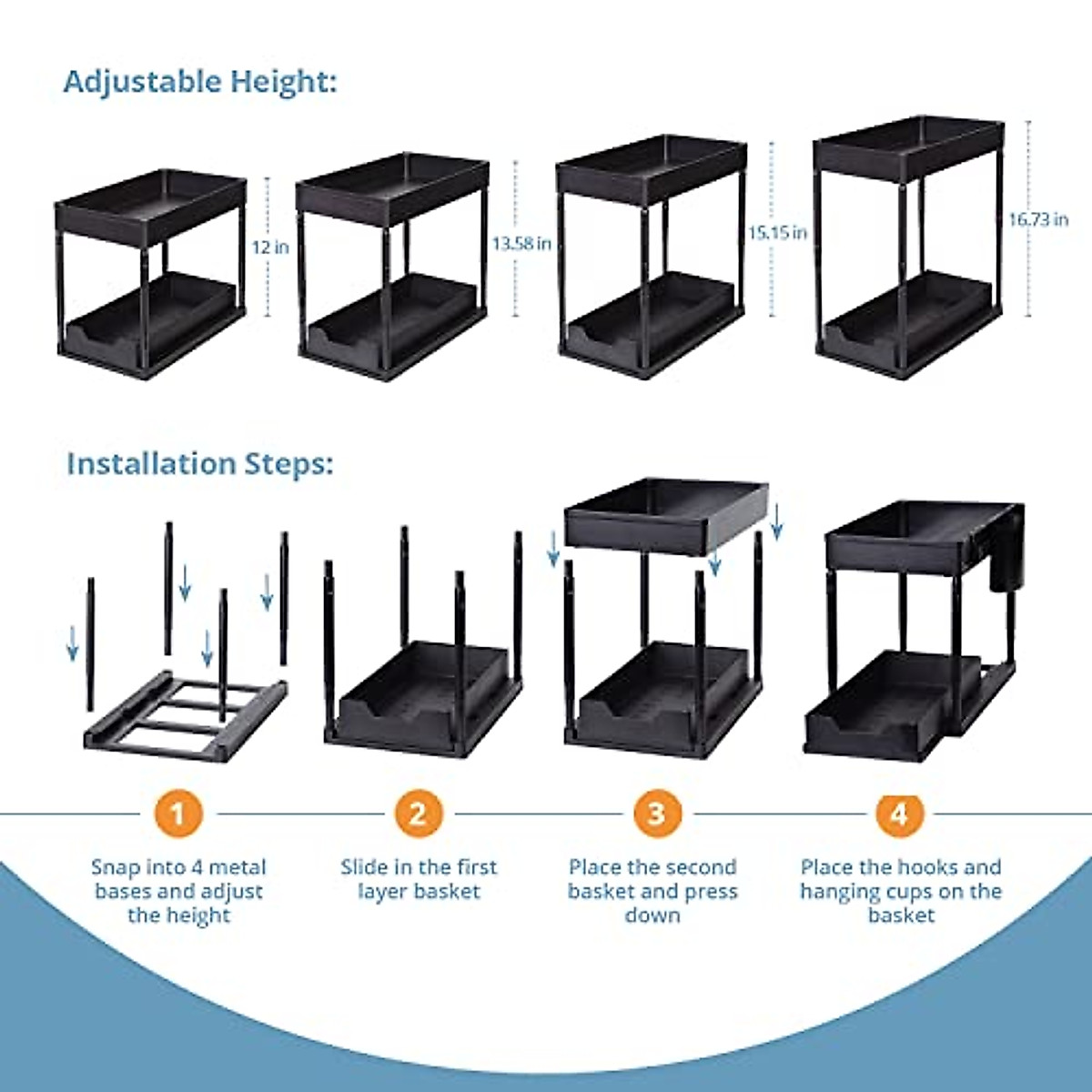 evismo 2-Tier Under Sink Organizer, Bathroom & Kitchen Multipurpose Cabinet Storage, with Pull-out Sliding Drawer, Hooks & Hanging Cups, Adjustable Height, Cabinet Organizer, Black