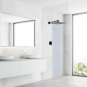 Rain Shower Head Black with Extension Arm 12 Inch Square Shower Head with 16 Inch Shower Arm Large Stainless Steel Rainfall Showerhead Matte Black Waterfall Full Body Coverage by GGStudy