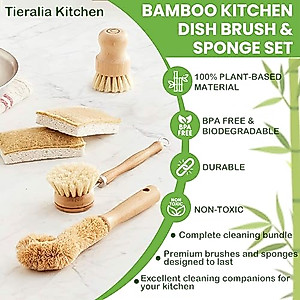 Tieralia 5-Piece Eco-Friendly Bamboo Dish Brush Set with Compostable Wood Pulp Sponges | Bamboo Kitchen Cleaning Set