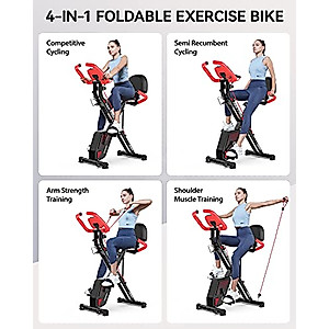 pooboo Folding Exercise Bike, Foldable Fitness Stationary Bike Machine, Upright Indoor Cycling Bike, 4-in-1 Magnetic X-Bike with 8-Level Adjustable Resistance, Bottle Holder, Arm Resistance Bands, Pulse Sensor & Back Support Cushion for Home Gym Workout (