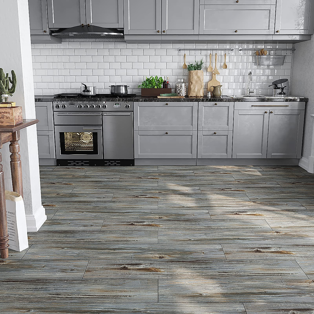 VEELIKE Reclaimed Blue Wood Vinyl Flooring Peel and Stick Floor Tile Wood Look Vinyl Plank Flooring 6''x36'' Floor Peel and Stick Tiles Waterproof Laminate Flooring for Bathroom Kitchen RV 4-Pack