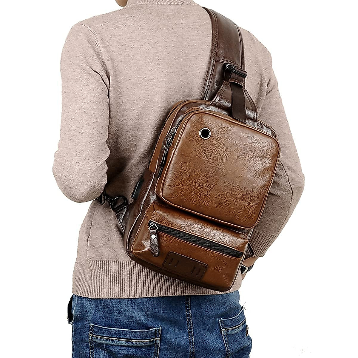 Small Brown Sling Crossbody Backpack Shoulder Bag for Men Women Vintage PU Leather CrossBody One Strap Casual Sling Backpack Cycling USB Charger